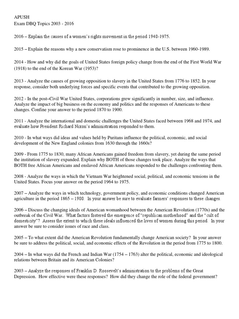 Apush - DBQ Questions 2003 - 2016 | PDF | Slavery In The United States ...