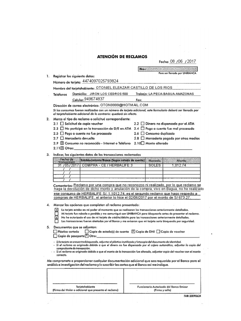Formulario Reclamo CMR Banco Falabella | PDF