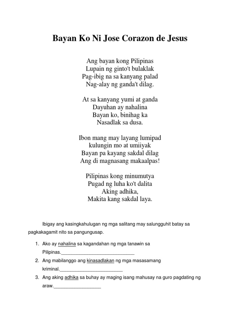 Bayan Ko Ni Jose Corazon de Jesus | PDF