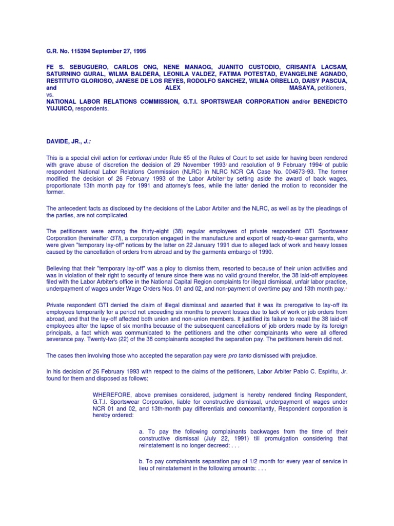 Floating Status - Sebuguero vs. NLRC | PDF | Layoff | Employment