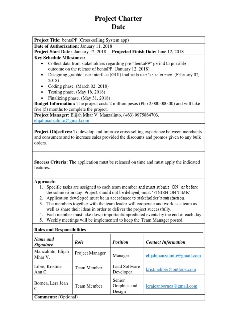 Project Charter Date: Name and Signature Role Position Contact ...