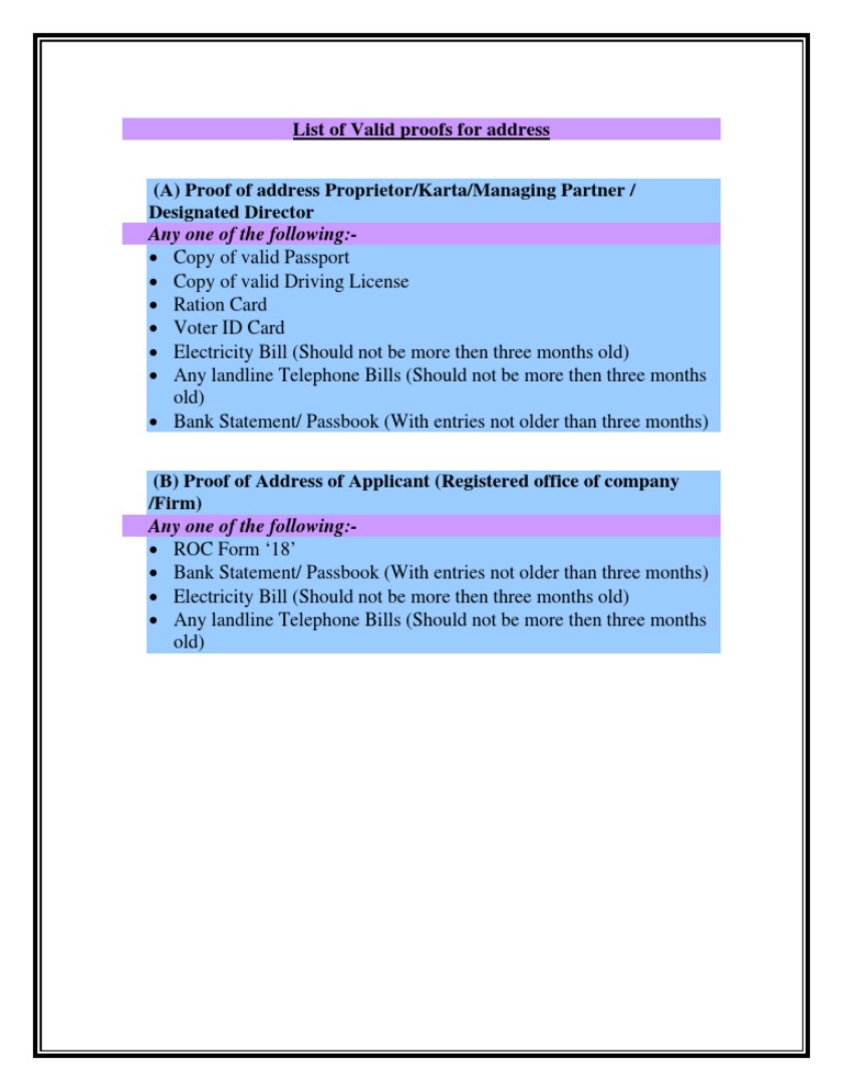 Valid Address Proofs List | PDF