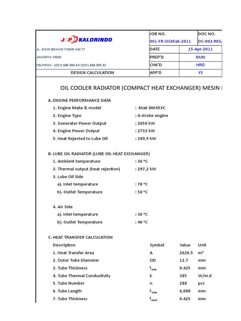 Design Calculation-Oil Cooler MaK-2011 | PDF