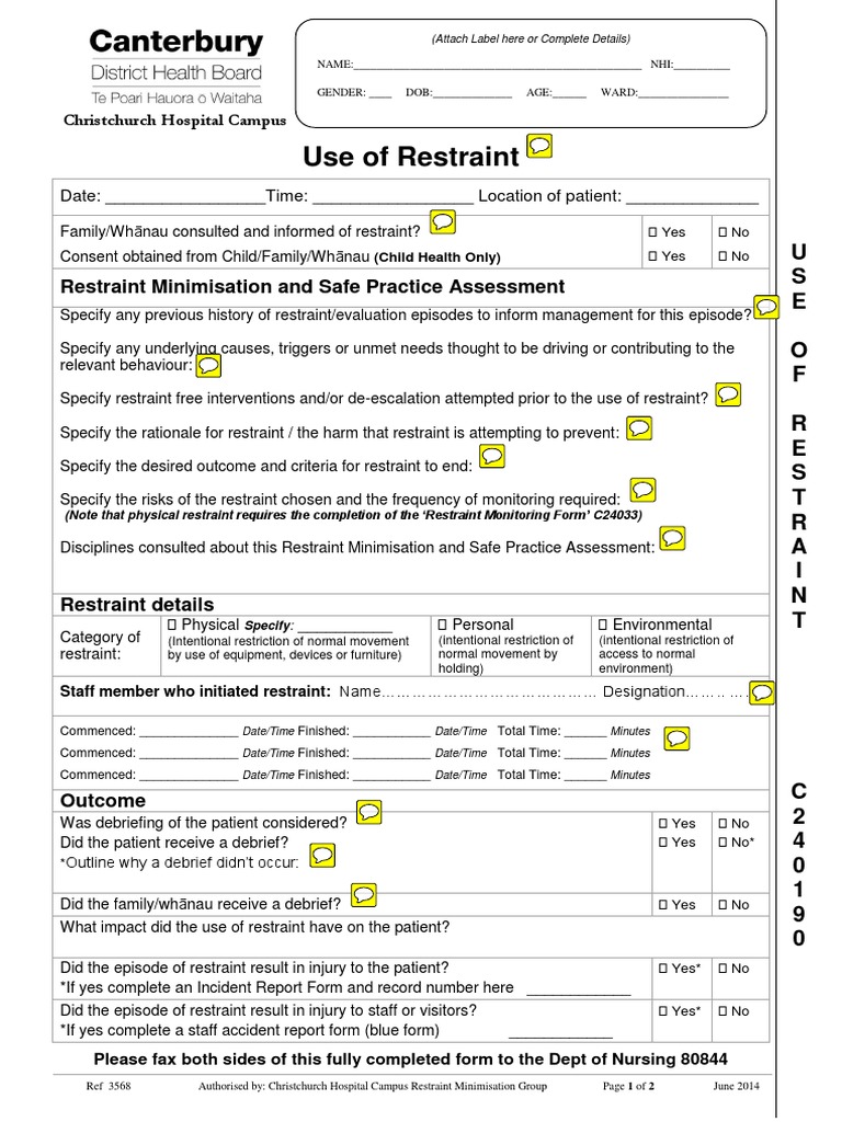 Use of Restraint Form - Education Points For Completion | PDF | Patient ...
