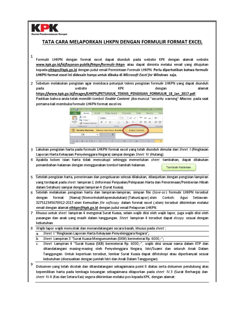 TATA CARA MELAPORKAN LHKPN FORMAT EXCEL Jan 2018 PDF | PDF