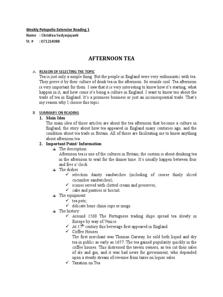 Afternoon Tea: Name: Christina Sudyasjayanti St. #: 071214088 | PDF ...