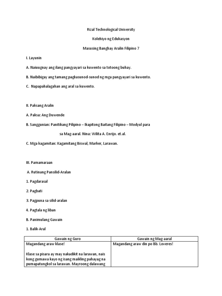 Banghay Aralin Filipino 7 | PDF