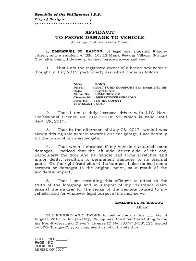 Affidavit To Support Insurance Claim For Car Damage | PDF