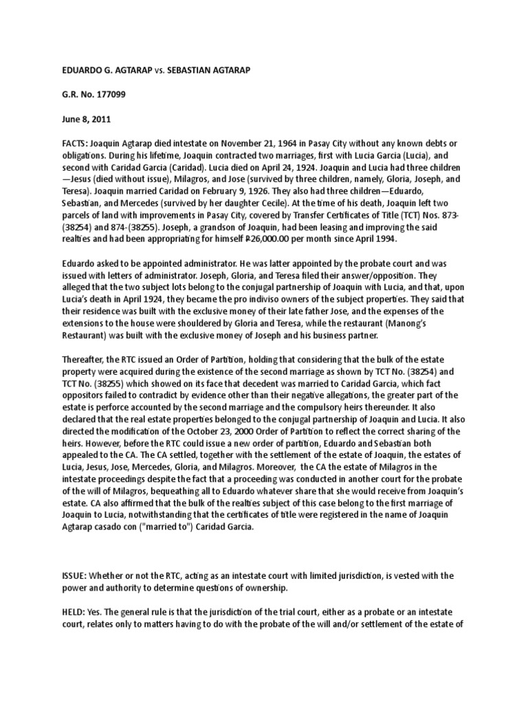 Estate Dispute: Agtarap Heirs' Claims | PDF | Probate | Intestacy