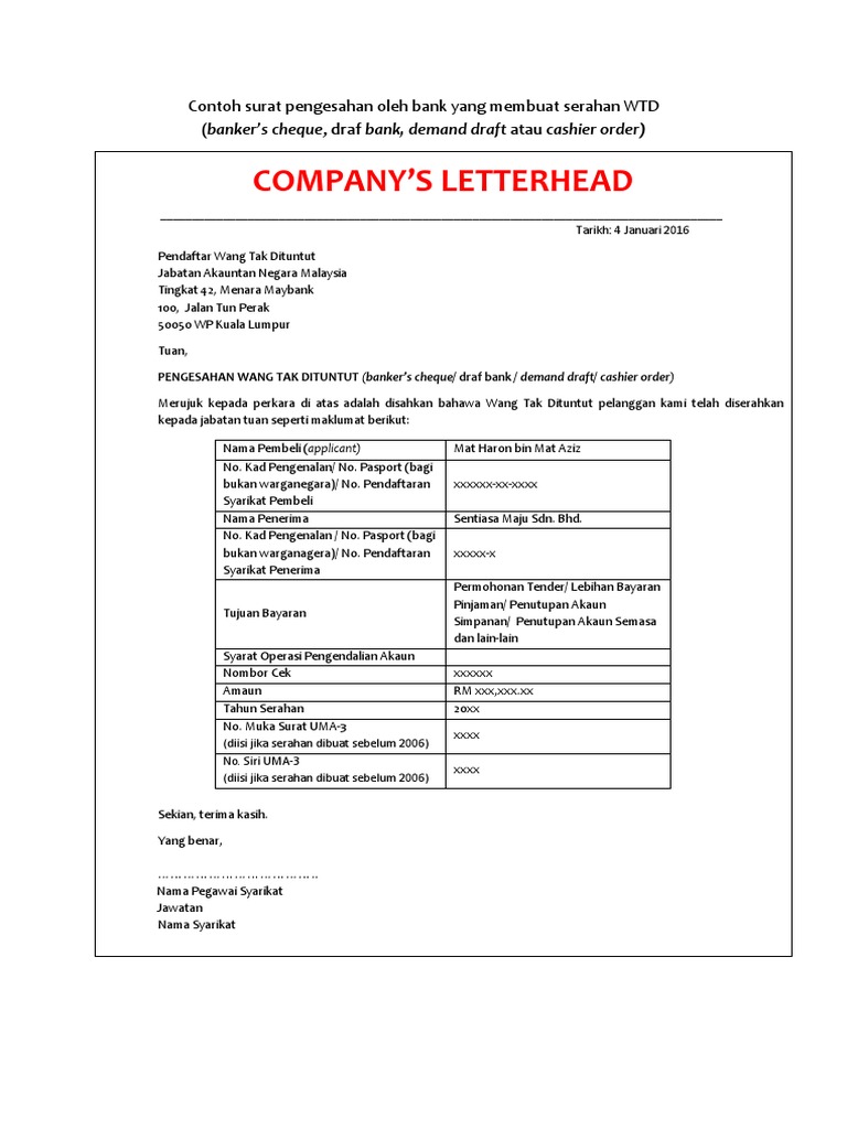 Contoh Surat Pengesahan Bank Draf Bankers Cheque 2016 | PDF