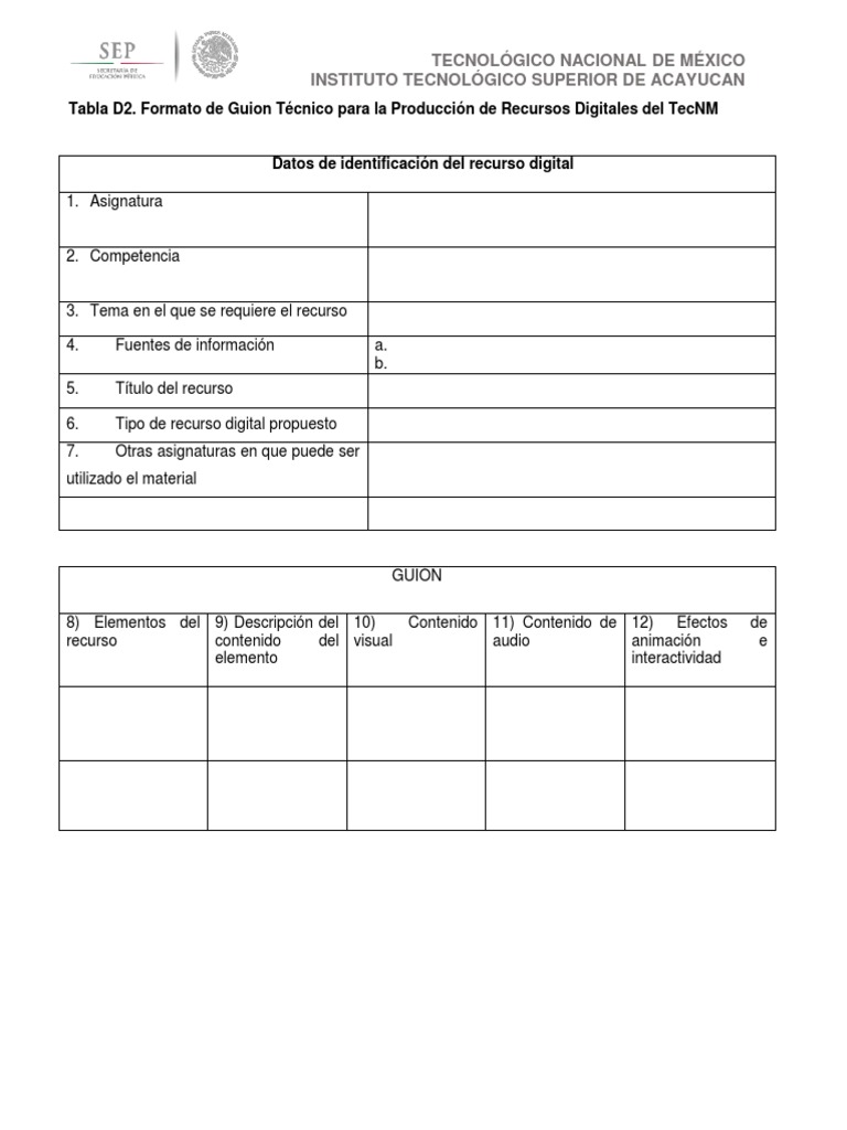 Tabla D2 Formato de Guion Técnico para La Producción de Recursos ...
