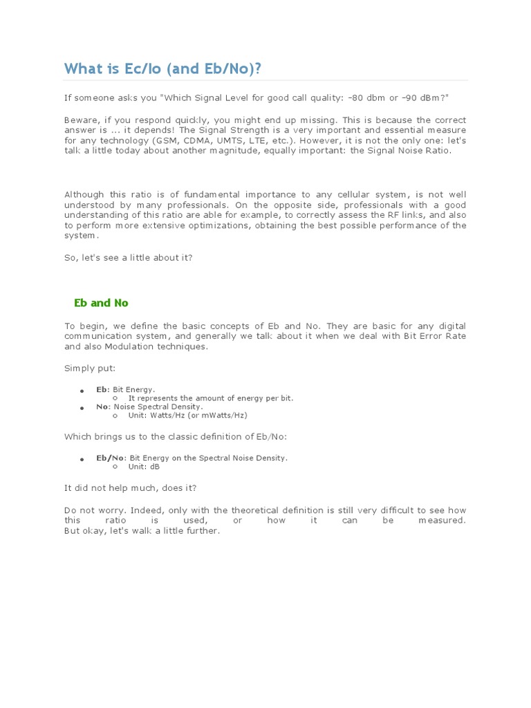 Diff Between EcNo, EbNo &EcIo Plus RTWP | PDF | Signal To Noise Ratio ...