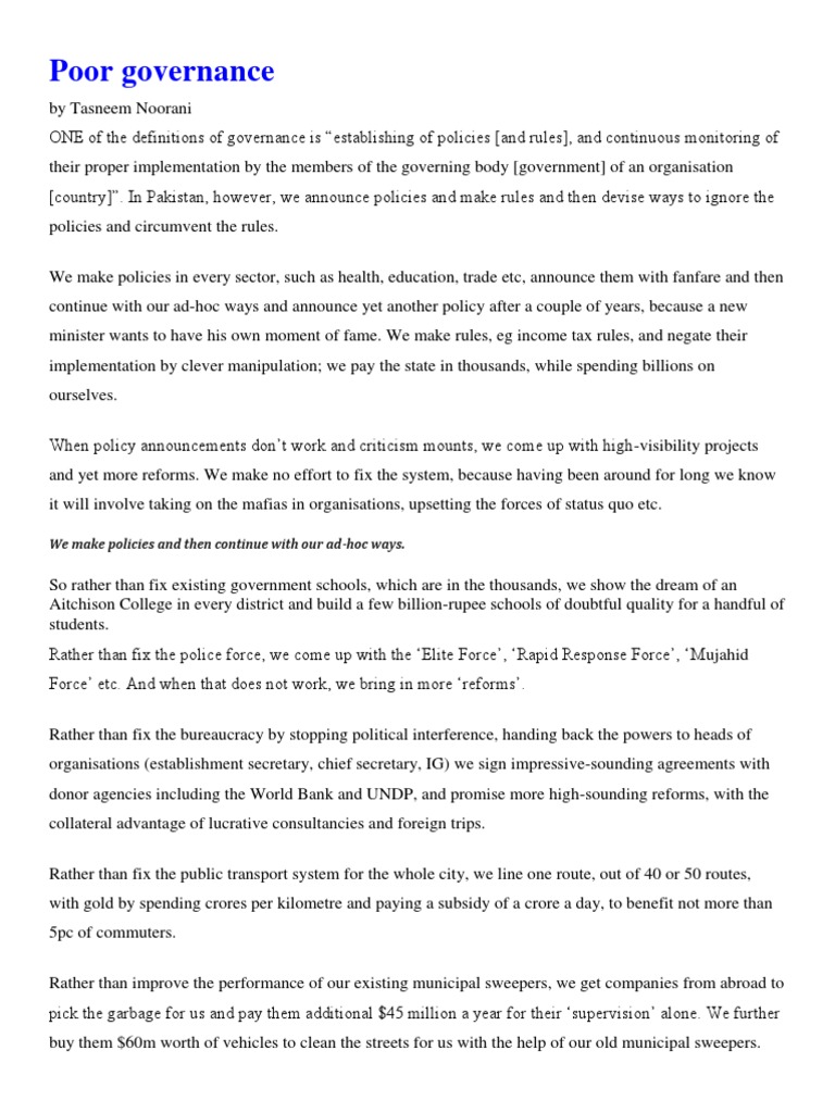 Poor Governance: We Make Policies and Then Continue With Our Ad-Hoc ...