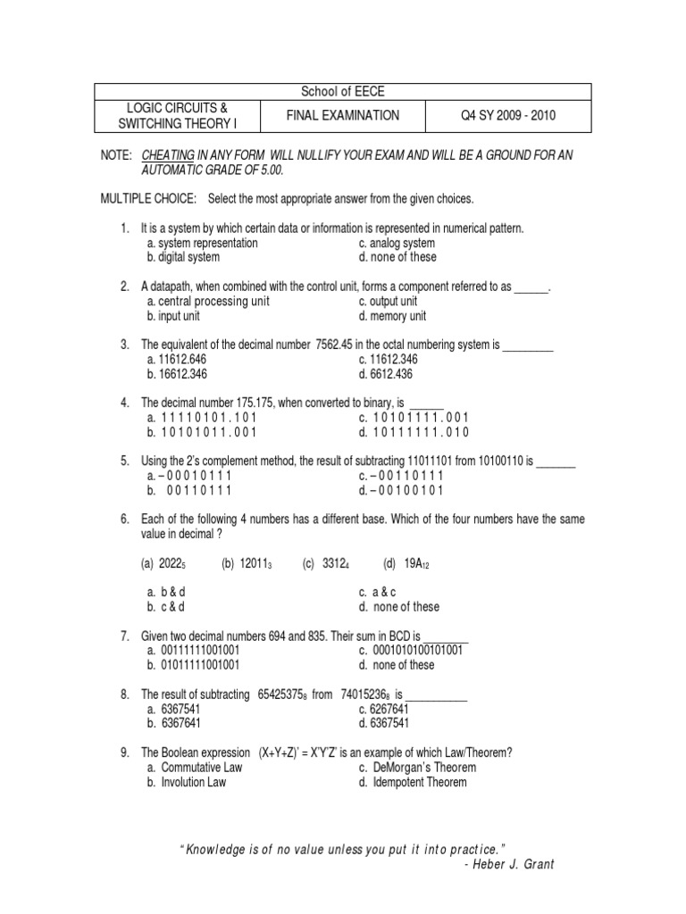 LOGIC - CIRCUITS Final Exam Q4 2009 - 2010 ANSWER KEY PDF | PDF | Logic ...