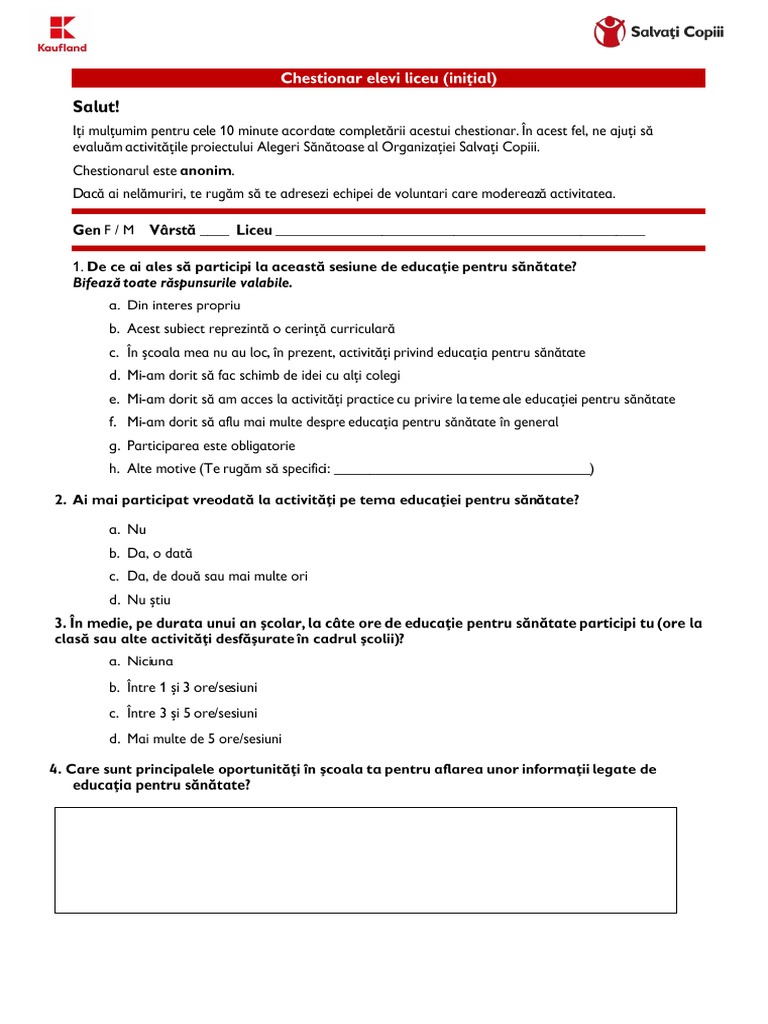 Chestionar Initial Elevi Liceu | PDF