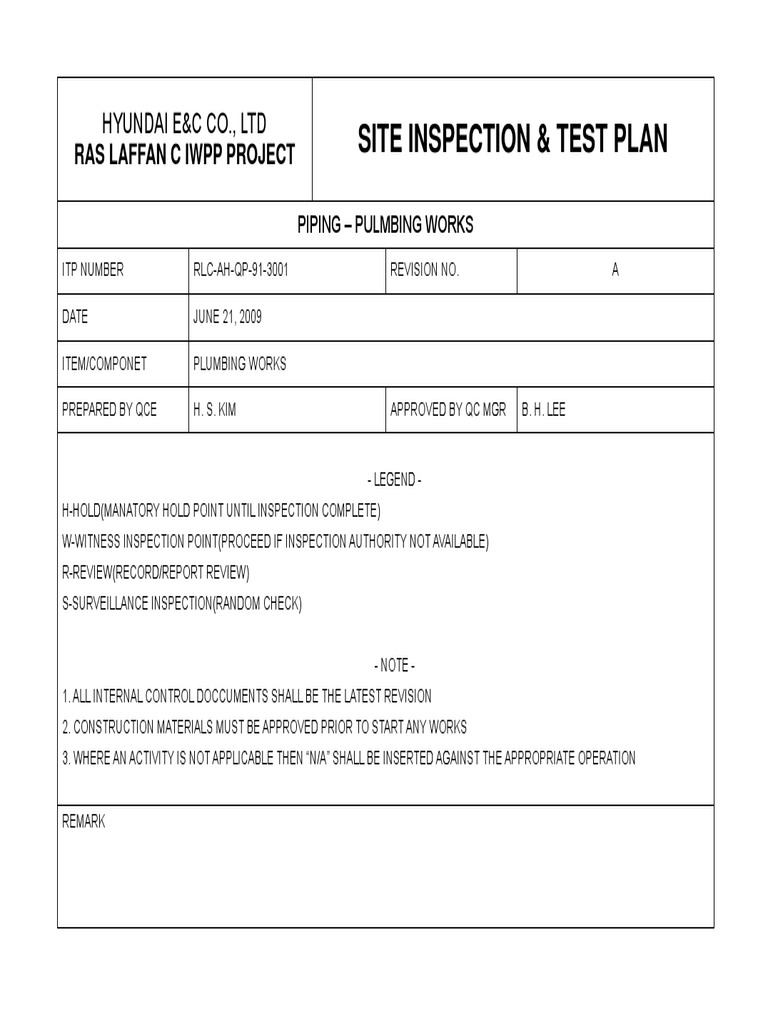 RLC AH QP 91 3001 Inspection Test Plan For Plumbing Works 1 PDF | PDF ...