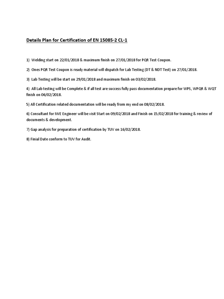 Details Plan For Certification of en 15085 | PDF