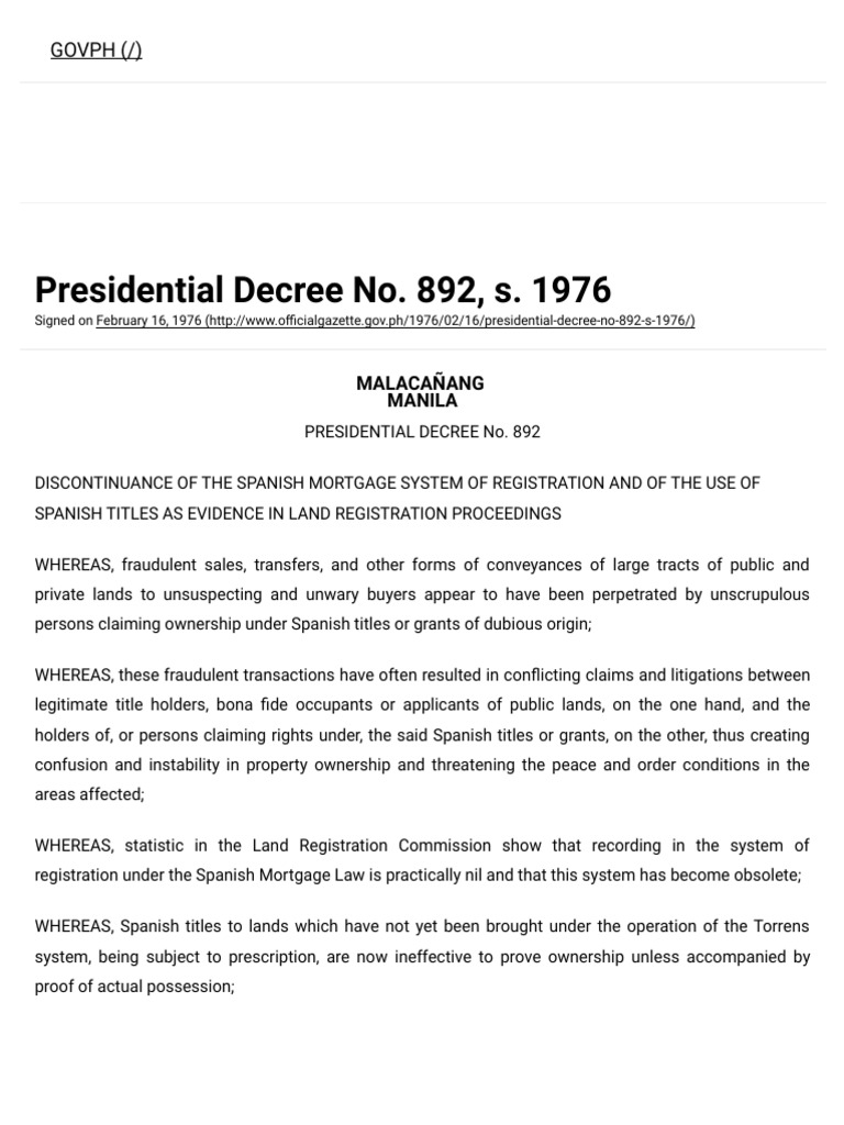 Presidential Decree No. 892, S | PDF | Decree | Mortgage Law