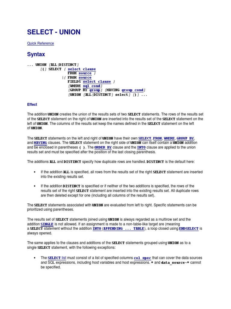 Select - Union: Syntax | PDF | Data Type | Data