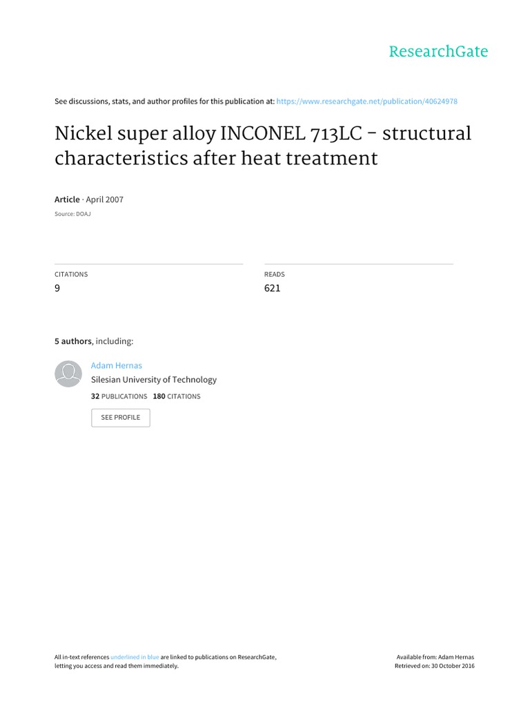 Nickel Super Alloy INCONEL 713LC - Structural Characteristics After ...
