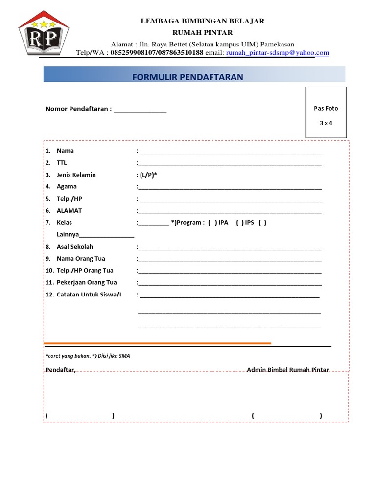 Contoh Formulir Pendaftaran Bimbingan Belajar | PDF