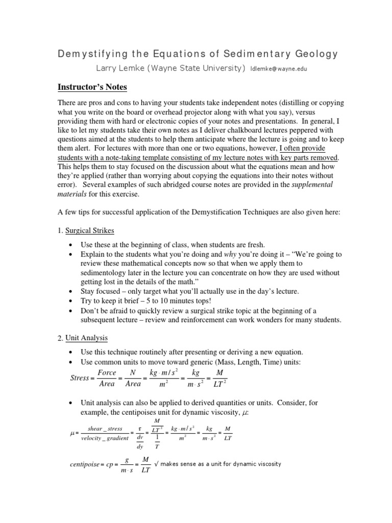 Demystifying The Equations of Sedimentary Geology: Instructor's Notes ...