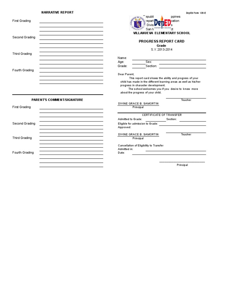 fORM 138 E For K 12 Curriculum School Report Card | PDF | Cognition ...