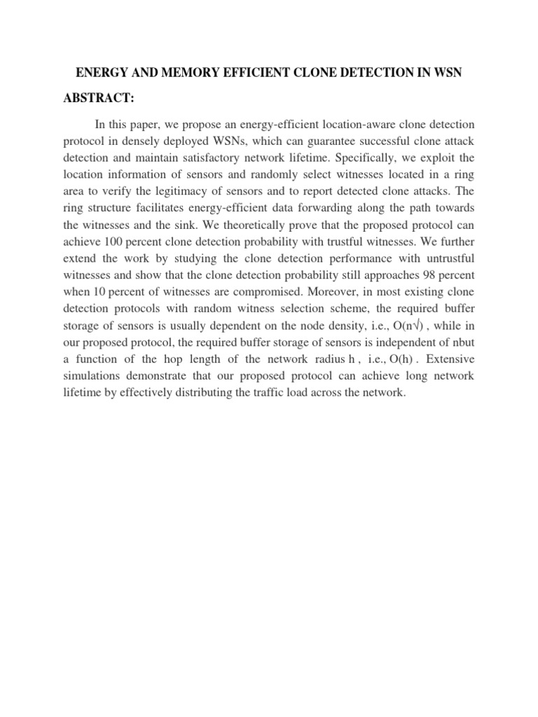 Energy and Memory Efficient Clone Detection in WSN Abstract | PDF | Peer To Peer | Wireless ...