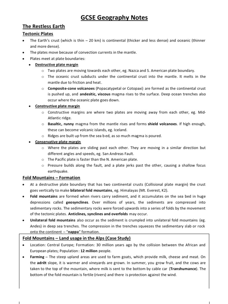 GCSE Geography Notes | PDF | Volcano | Plate Tectonics