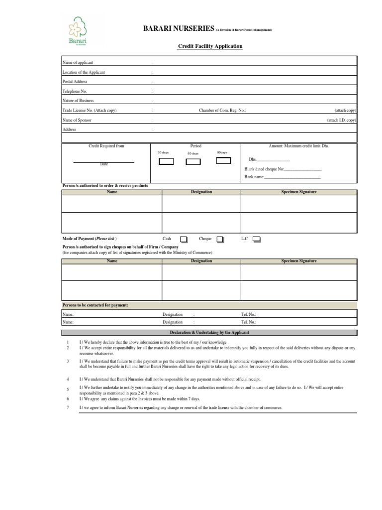 Credit Facility Application Form | PDF | Cheque | Payments