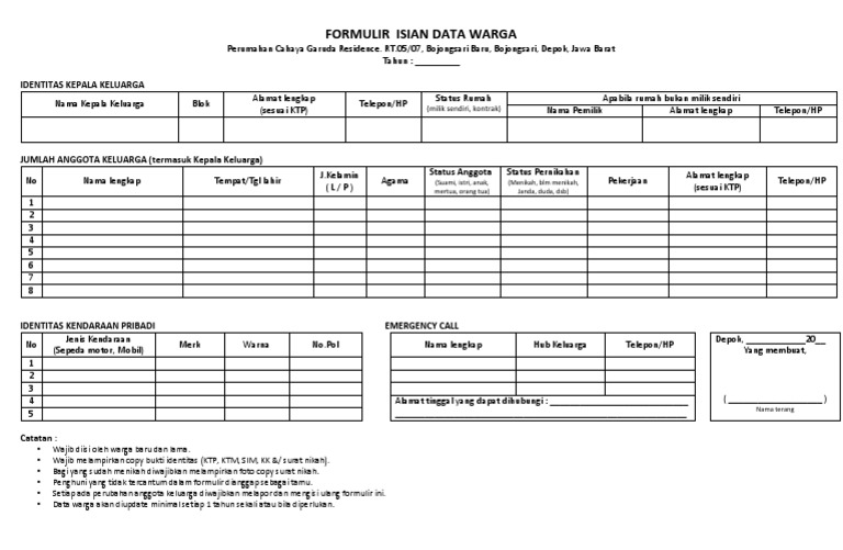 Formulir Data Warga RT 05/07 | PDF