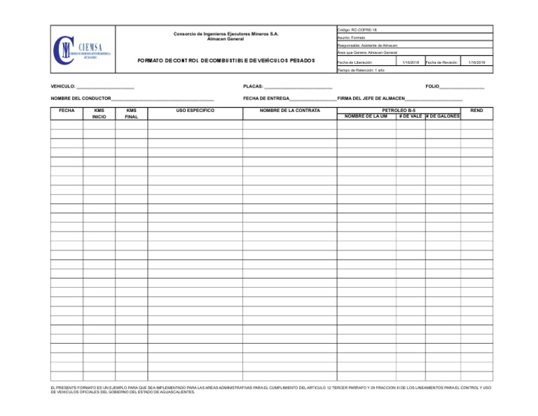 Formato de Control de Combustible de Vehiculos Pesados Almacen UM Cofre