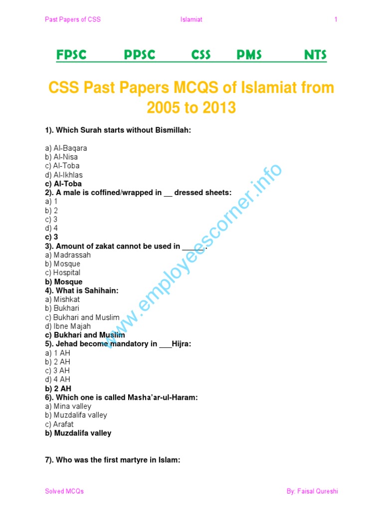 Solved Islamiat MCQS From Past Papers of CSS | PDF | Hadith | Muhammad