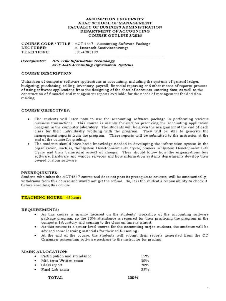 Accounting Software Course Outline | PDF | Test (Assessment) | Computing
