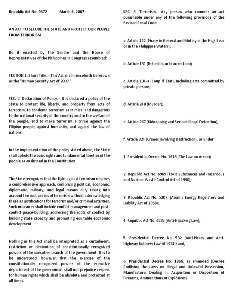 Republic Act No. 9372 March 6, 2007 | PDF | Arrest | Detention ...