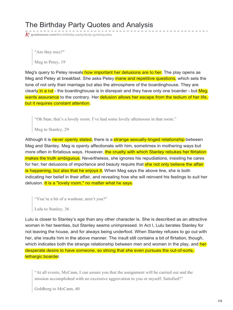 The Birthday Party Quotes and Analysis | PDF