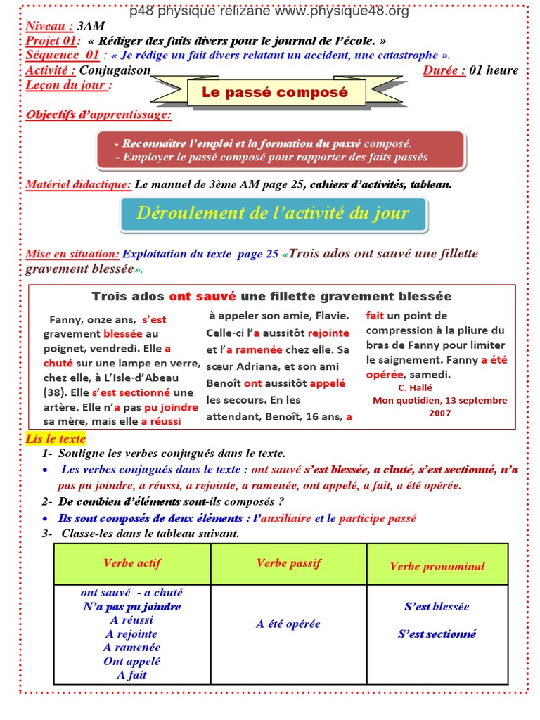 Passé Composé : Exercices 3AM | PDF | Verbe | Syntaxe