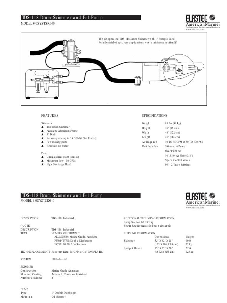 Elastec TDS-118 Skimmer Brochure PDF | PDF | Oil Tanker | Pump