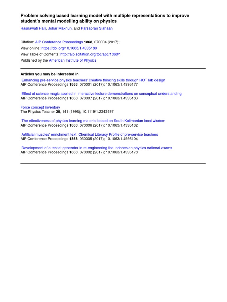 Problem Solving Based Learning Model With Multiple Representations To Improve Student's Mental ...