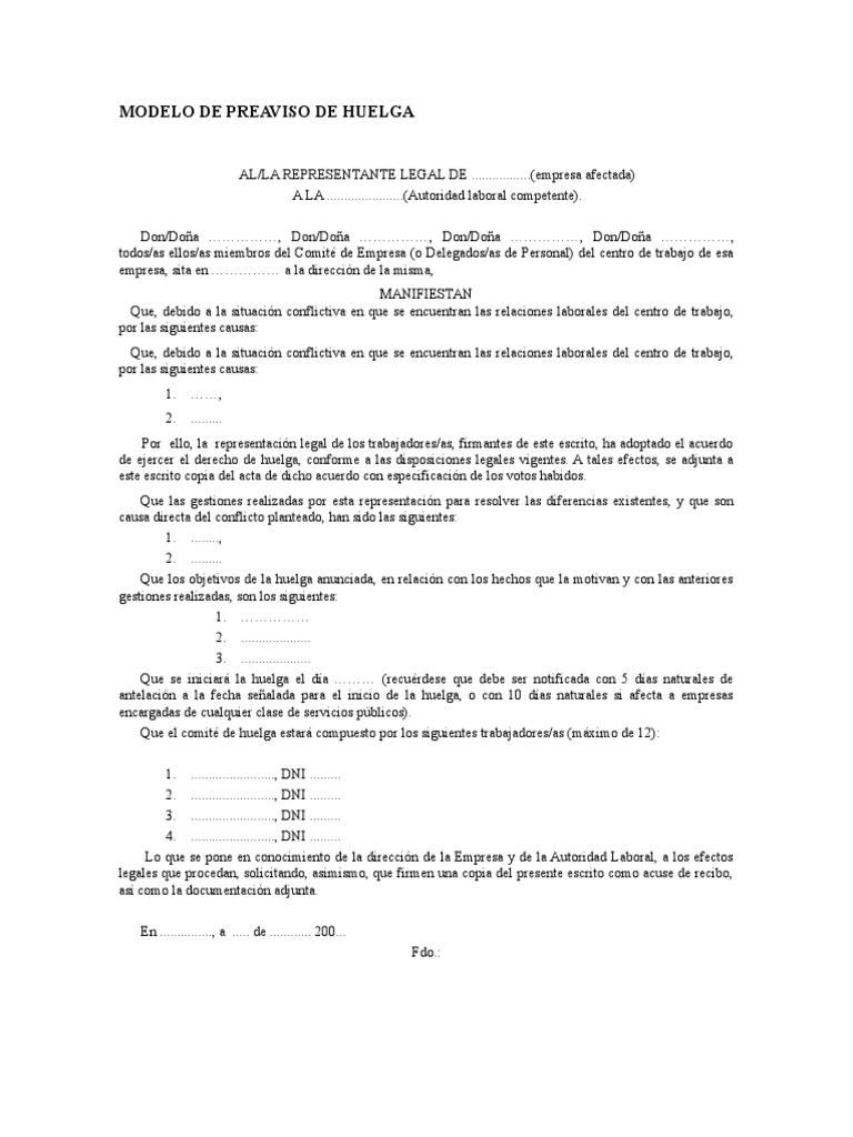 Modelo Preaviso Huelga | PDF | Relaciones laborales | Derecho laboral