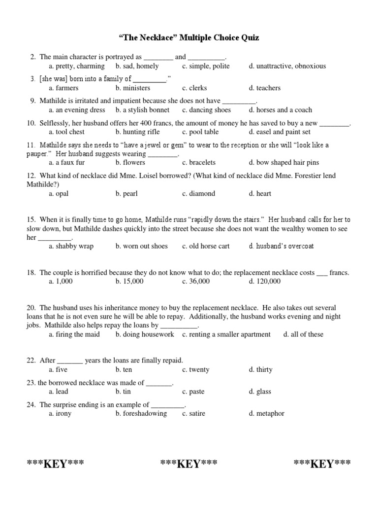 The Necklace Multiple Choice Quiz and KEY 25q2 | PDF | Plot (Narrative ...