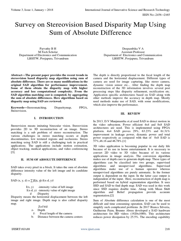 Survey On Stereovision Based Disparity Map Using Sum of Absolute ...