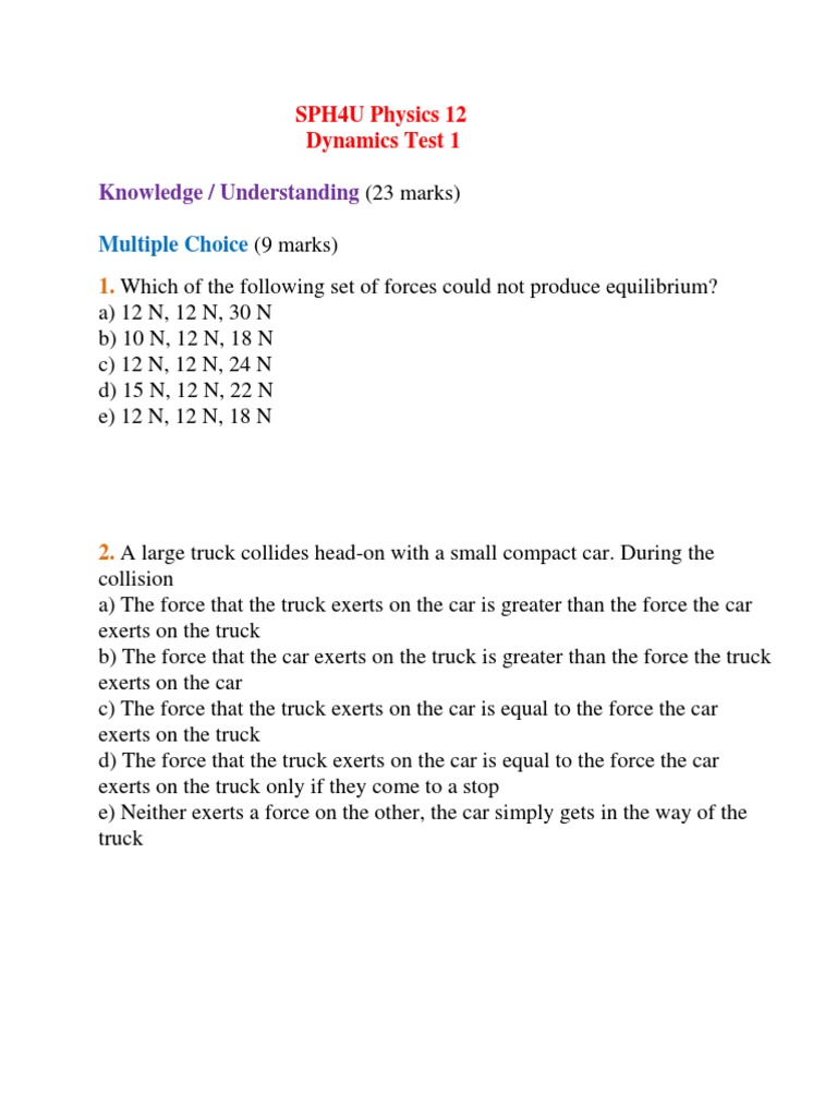 SPH4U Dynamics Test 1 | PDF | Acceleration | Force
