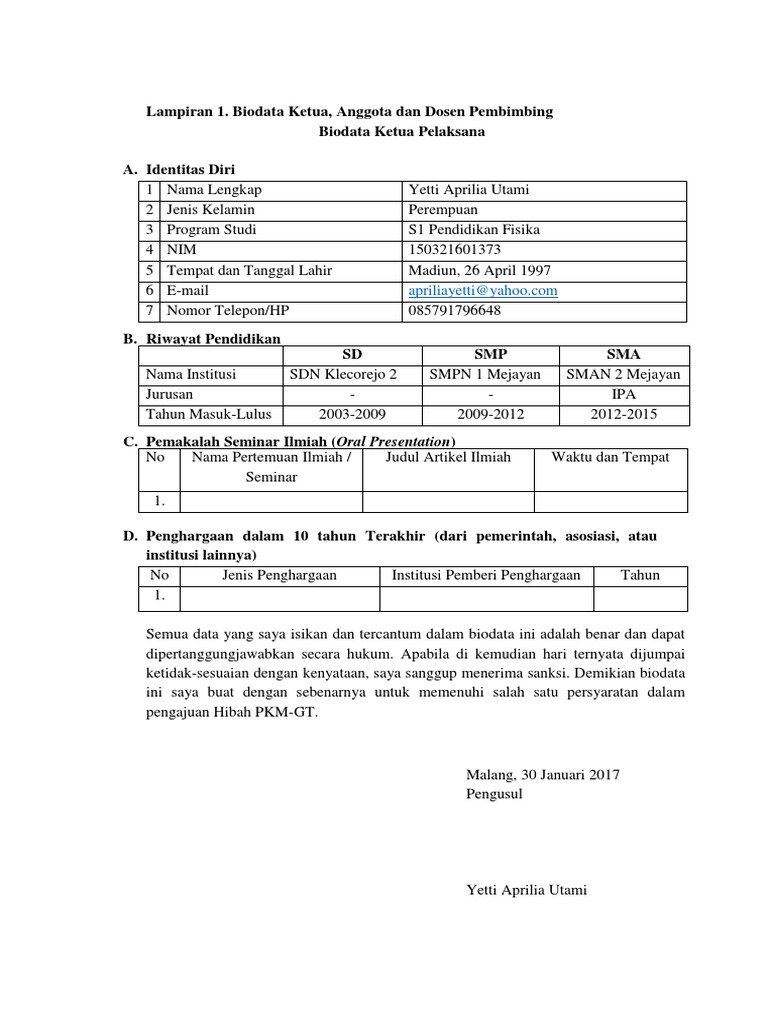 Biodata Anggota Tim PKM-GT | PDF