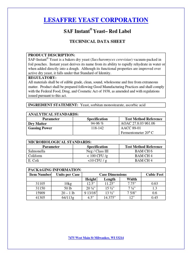 Lesaffre Yeast Corporation: SAF Instant Yeast - Red Label | PDF ...