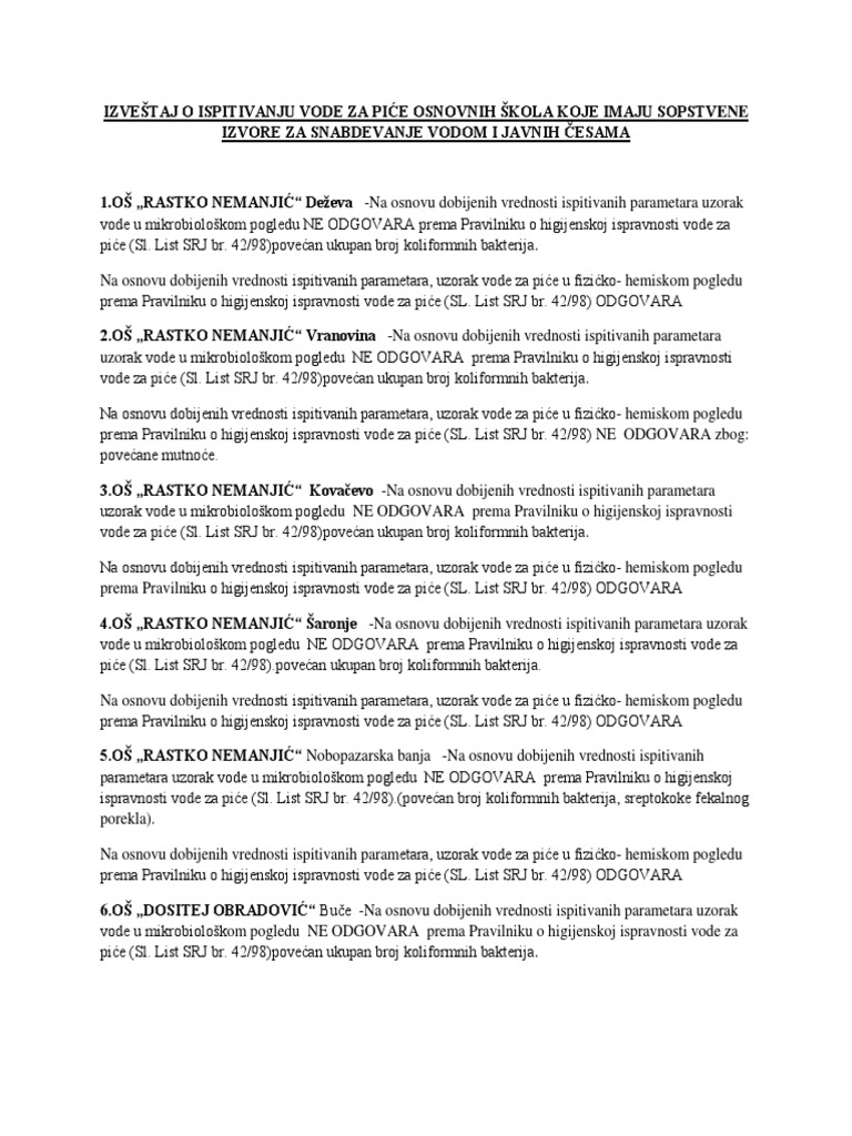 Izvestaj o Ispitivanju Vode Za Pice Osnovnih Skola | PDF