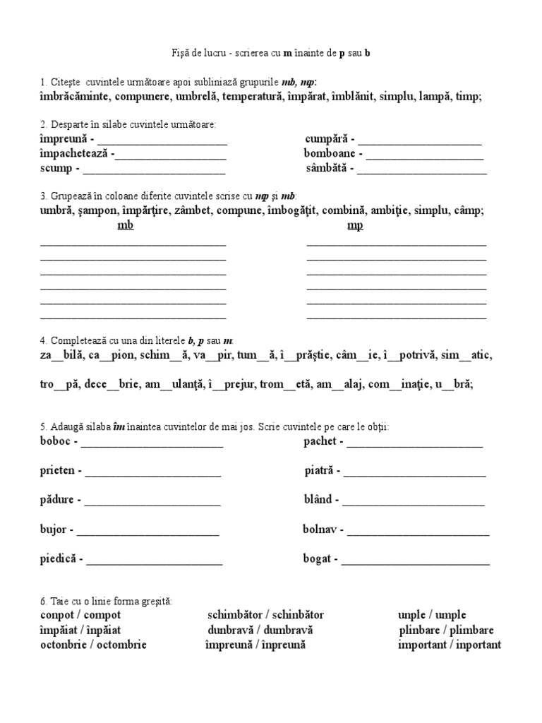 Scrierea Corecta A Cuvintelor Care Contin Grupurile ,,MP/MB" | PDF