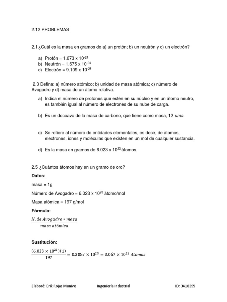 Ejercicios Capitulo 2 | PDF | Mole (Unidad) | Electrón