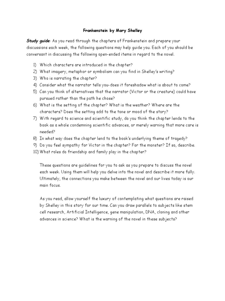 Frankenstein Study Guide Questions | PDF