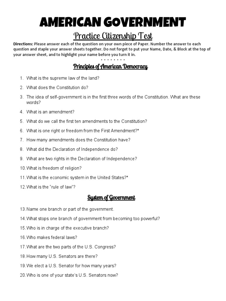 Citizenship Test - Student Version | PDF | Presidents Of The United ...